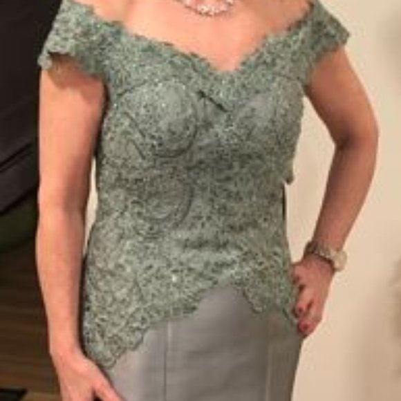 Dresses | Mother Of Bridegroom Sage Green Dress Lacesatin Off Shoulder ...